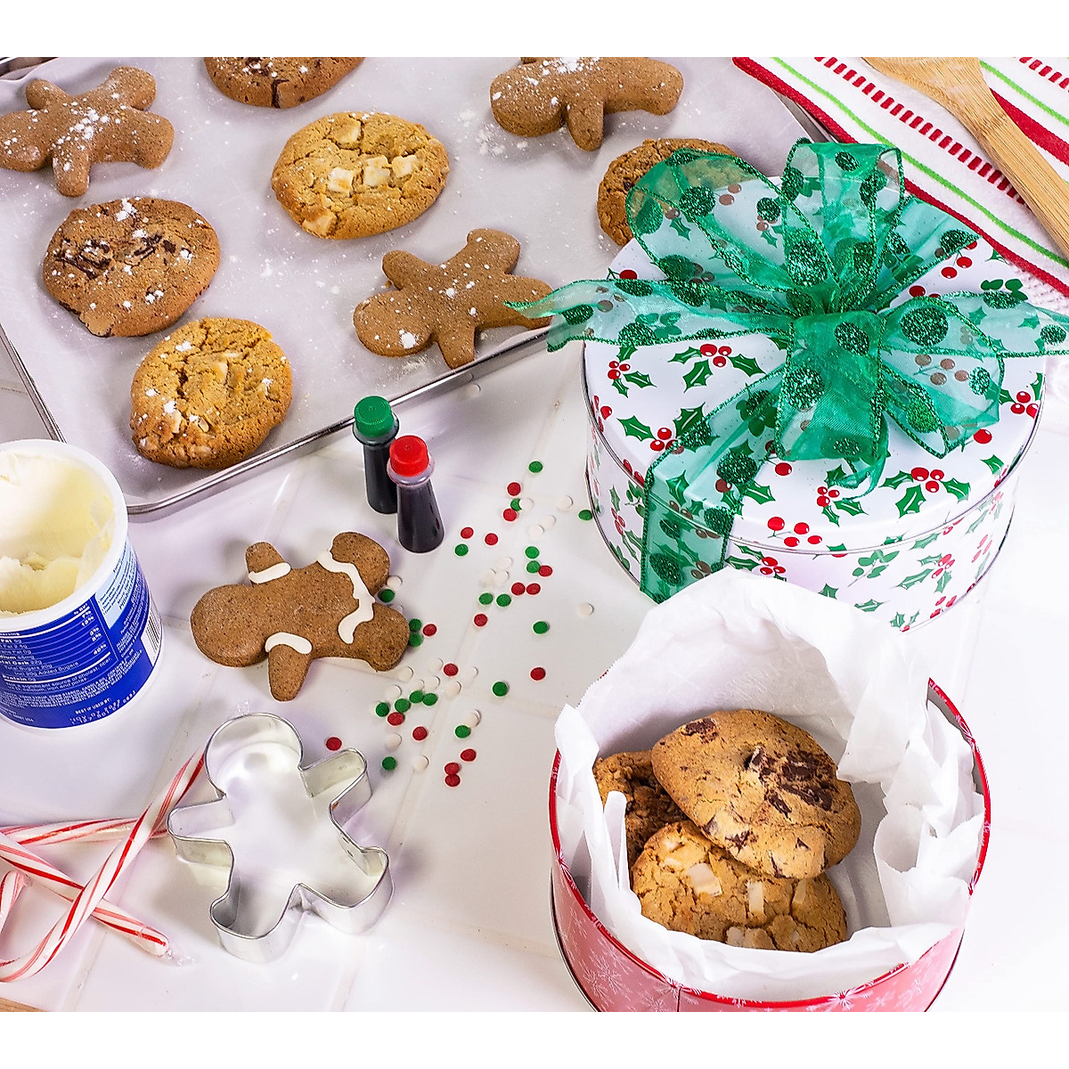 Steel Mill & Co Tin Containers with Lids, 3 Pack Christmas Cookie Tins, Festive Cookie Tins for Gift Giving & Holiday Treats, Round Metal Nesting Containers, Large Medium Small, Snowflake & Holly