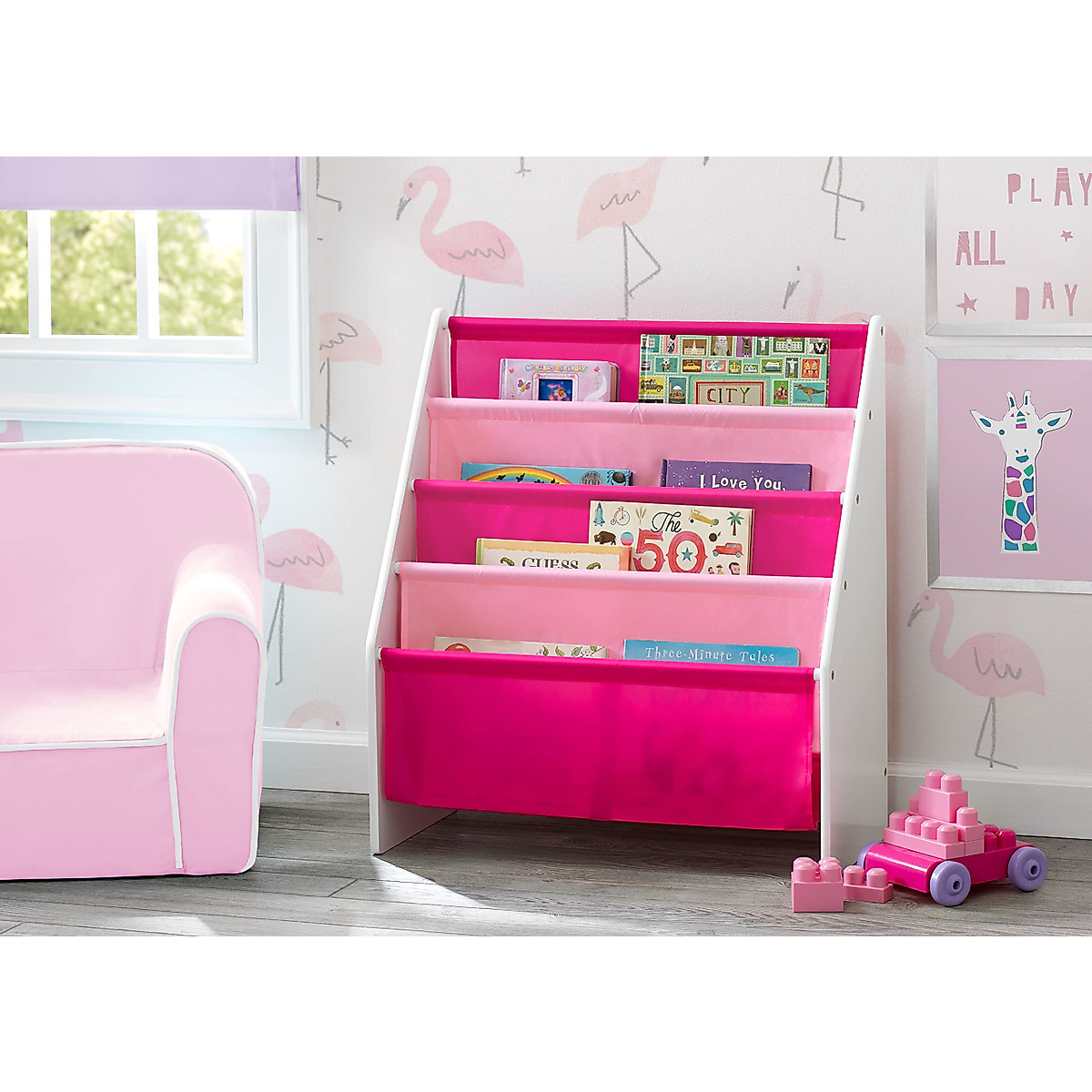 Delta Children Sling Rack Bookshelf for Kids - Easy-to-Reach Storage for Magazines or Coloring Books - Ideal for Playrooms & Homeschooling - Greenguard Gold Certified, White/Pink