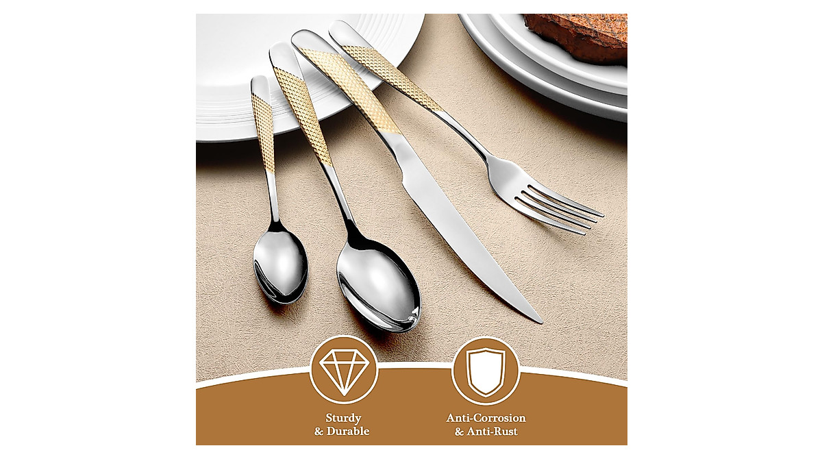 Gold Hammered Silverware Set for 6 - Premium Stainless Steel Flatware
