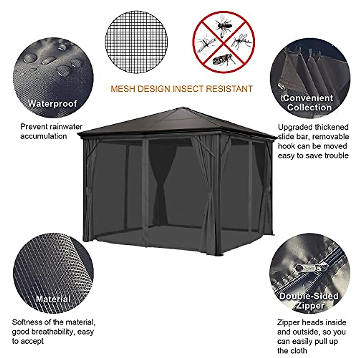 SunCula Replacement Gazebo Mosquito Netting Screen with Zipper for Patio Outdoor ,Garden and Backyard (10'x10', Black, Only Netting)