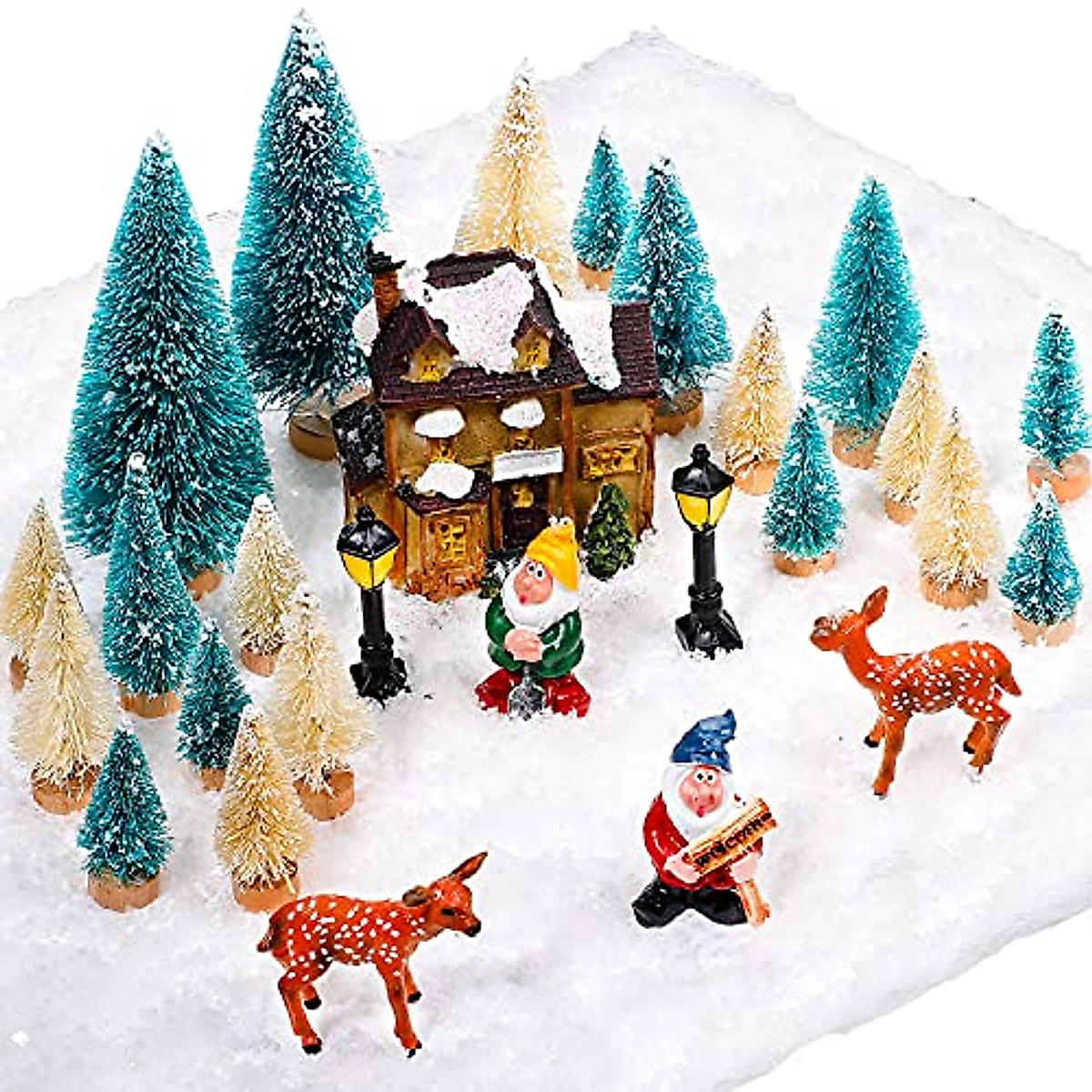 Yerliker 28 Pieces Christmas Mini Miniature Village Accessories Artificial Trees Street Lamps Santa Snow Houses Elk for Miniature Scenes Village Displays (Lake Blue and Beige,Gnome Style)
