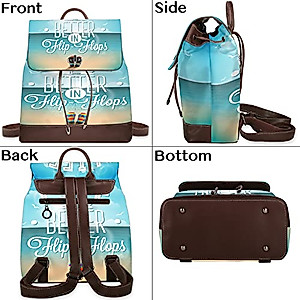 Leather Backpack Purse for Women, Life Is Better In Flip Flops PU Leather Women Girls Ladies Backpack Multipurpose Daypacks Travel Bag, College Bookbag Water Resistant Casual Daypack Backpacks
