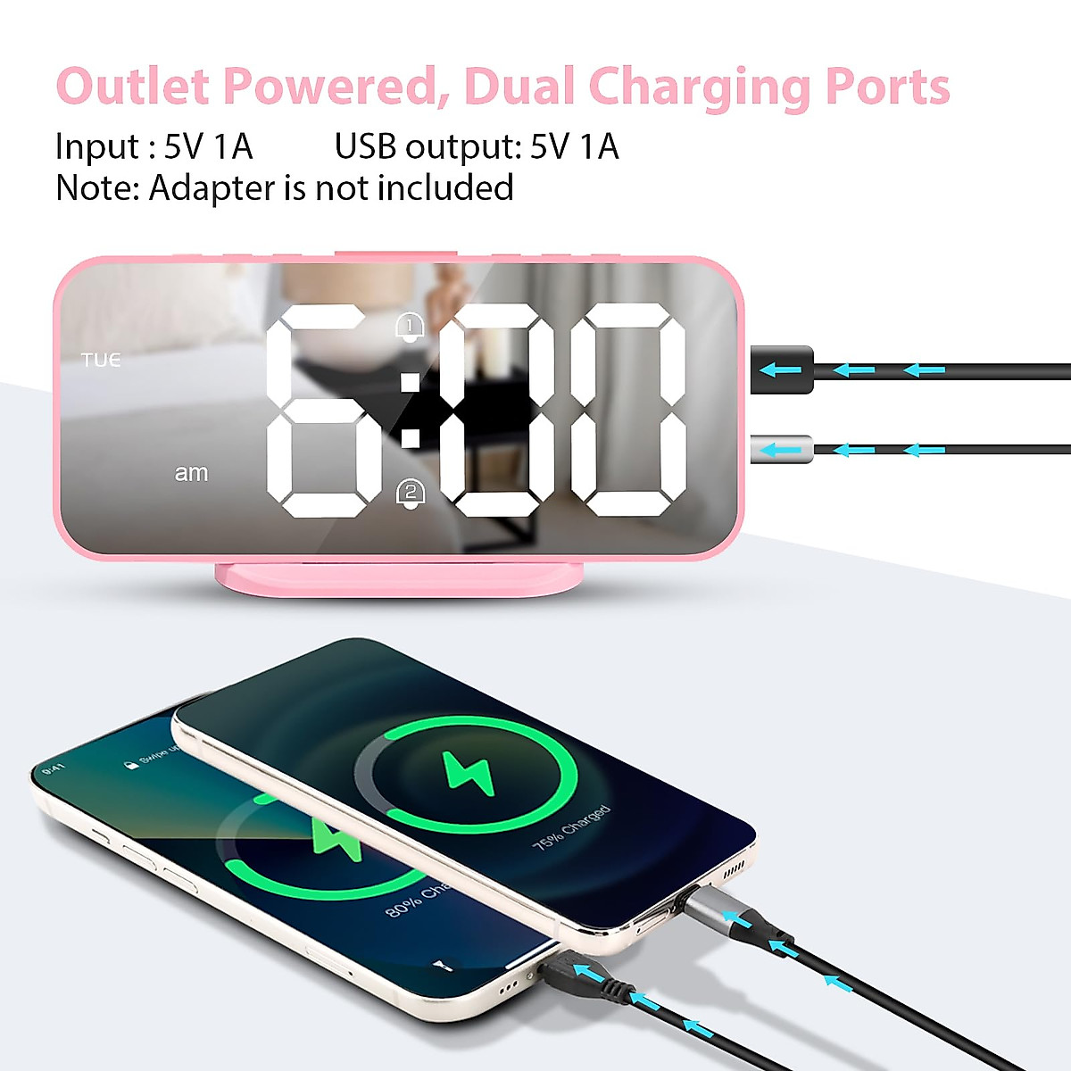 ALANAS Digital Alarm Clock, Dual Alarms with Snooze,Pink Alarm Clocks for Girls, Brightness Dimmer, 2 USB Charging Ports for Cellphone, Mordern Alarm Clocks for Bedroom Bedside Classroom