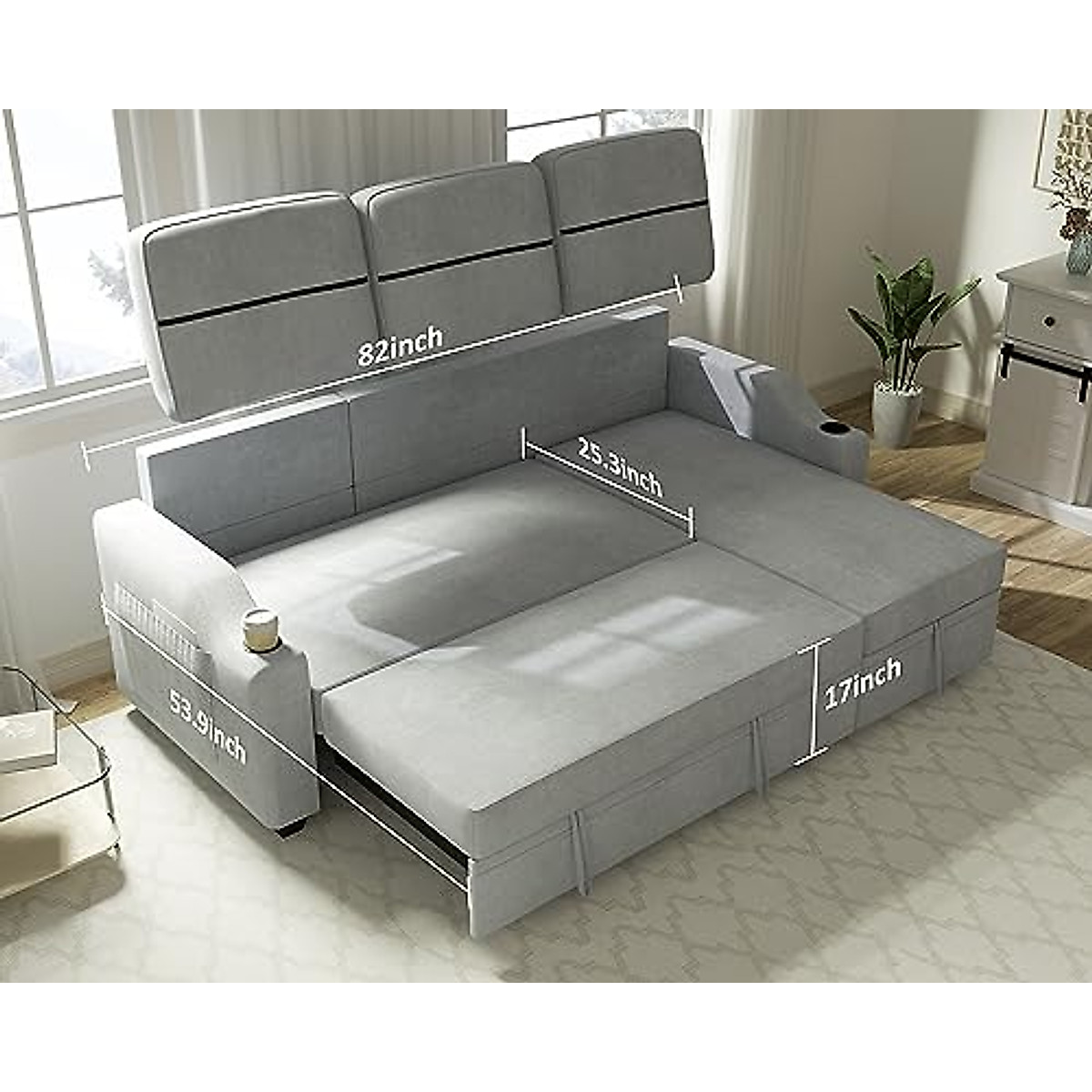 Ucloveria Sectional Sofa Couch, 82" Sleeper Sofa Bed with Reversible Storage Chaise Pull Out Couch Bed for Living Room L-Shape Lounge 2 in 1 Futon Sofa with Two Cup Holder, Grey