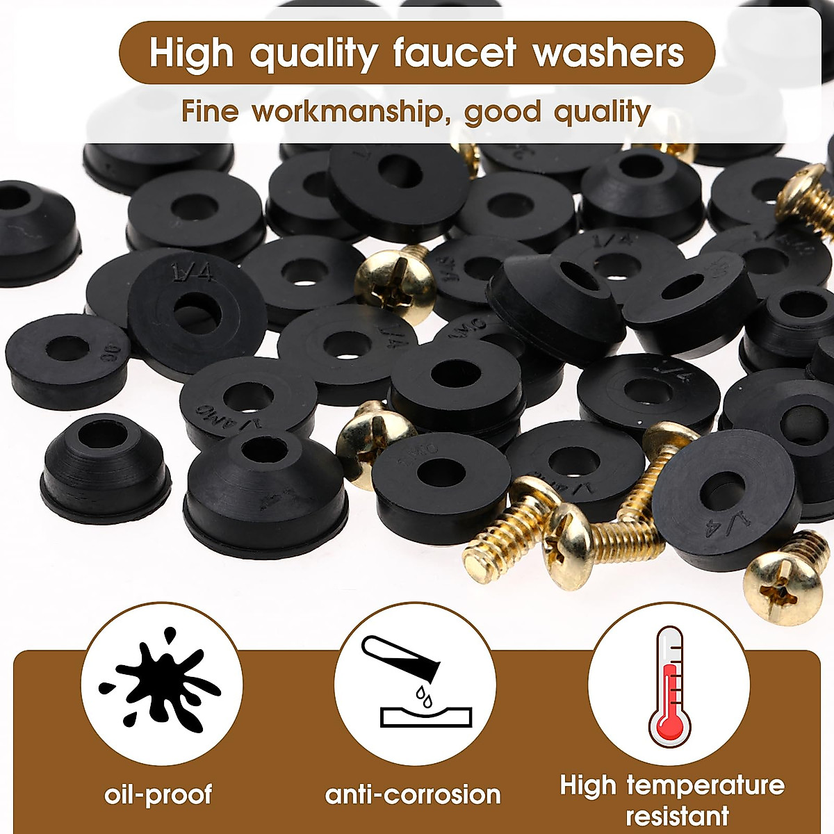 Faucet Rubber Washers, 116 PCS Outdoor Faucet Repair Kit with Assorted Flat Washers, Beveled Washers and Brass Bibb Screws Faucet Washer Assortment Kit Garden Hose Repair Kit for Repairing Faucet Leak