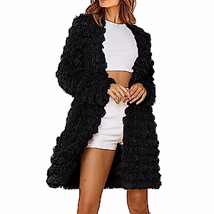 PRETTYGARDEN Women's Winter Faux Fur Jackets Fall Fashion Open Front Long Shaggy Coat Outerwear (Black,Medium)