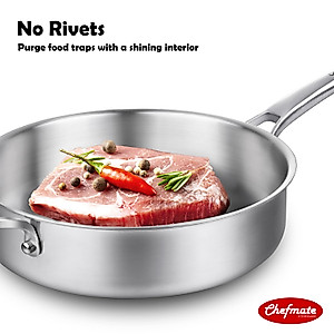 Chefmate Saute Pan,5 Quart Saute pan,Stainless Steel Cookware,Stainless Steel skillet,12 inch Stainless Steel Saute Pans with Lid,Dishwasher and Oven Safe, Works on All Cooktops