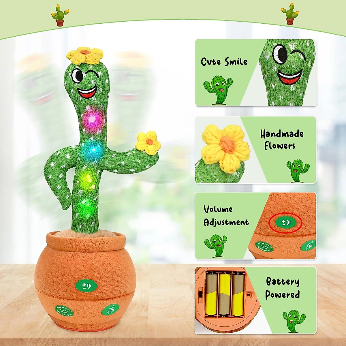 LGOUYGG Talking Cactus Baby Toy, Singing Mimicking Repeating Tummy Time Toys with Music and Light, Infant Babies Toddler Kids Boy Girl Gifts, Recording, Dance, 60 English Songs, Repeat What You Say