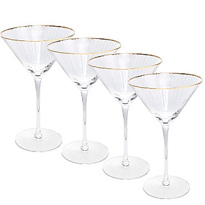 Hand Blown Gold Rim Martini Glasses - Set of 4-10 oz, 24K Gilded Classic Vintage Glasses For Martinis, Cocktails, Champagne, Water & Wine - Classic Coupes Gilded Rimed, Crystal Coupe with Stems