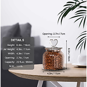 HomeyHoney 22 oz Clear Glass Canister with Cute Heart shaped Lids Set, Food Storage Glass Jars with Airtight Lids for Kitchen and Dining Room, Stripe/Set of 2