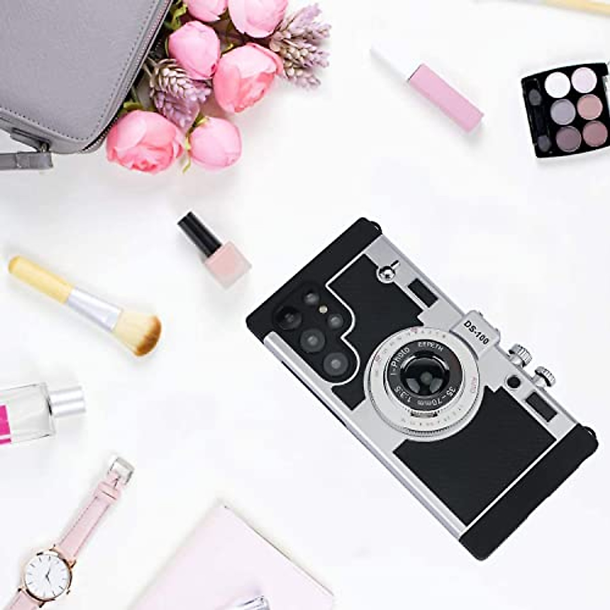 Awsaccy Emily in Paris Phone Case for Samsung Galaxy S22 Ultra 5G 6.8 Inch Camera Case Vintage Cover Cute 3D Cool Unique Design Silicone Case with Removable Neck Strap Lanyard for Girls Women Black