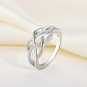 YL Celtic Knot Rings 925 Sterling Silver Twisted Knot Ring 18k White Gold Plated Cubic Zirconia Infinity Statement Rings-size7
