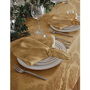 Newbridge Barcelona Luxury Damask Fabric Tablecloth, 100% Polyester, No Iron, Soil Resistant Dining Room, Party Banquet and Holiday Tablecloth, 60 Inch x 84 Inch Oval, Gold