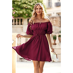 PRETTYGARDEN Women's Off The Shoulder Babydoll Dress Short Puff Sleeve Casual A Line Ruffle Summer Dresses (Solid Wine Red,Large)