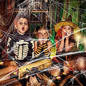 12 Pieces Halloween Decorations Flickering Flameless Candles with 10 Pieces Spiders and White Spider Web Decorations for Halloween Party Favor (Amber Yellow)