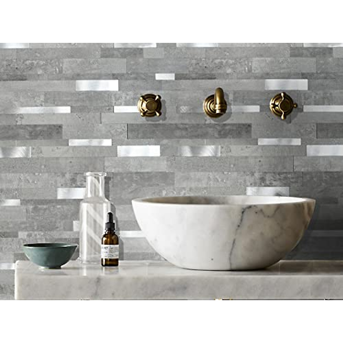 COLAMO Luxury 10 Sheet Peel and Stick Cement Gray Silver Aluminum Metal Mix Tile, Adhesive Faux Stone Tile for RV,Kitchen Sink Backsplash,Bathroom,Accent Wall, Self Stick On Wall Tile (Concrete Look)