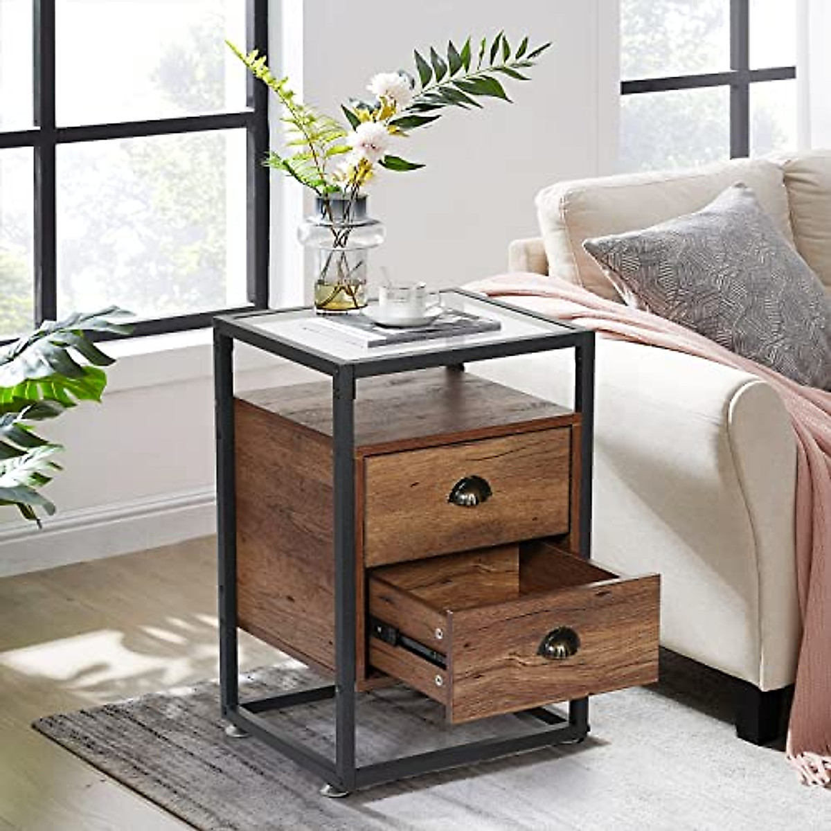 VECELO End Table, Modern Nightstand with Drawer, Night Stand Set of 2 for Bedroom Living Room,Tempered Glass, Brown/2pcs