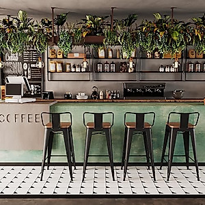 HAOBO Home 30" Low Back Barstools Metal Stool with Wooden Seat [Set of 4] Counter Height Bar Stools, Matte Black