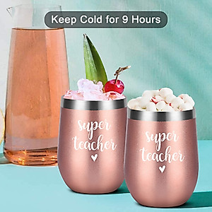 Super Teacher Stainless Steel Wine Tumbler, Christmas Birthday Appreciation Retirement Teacher’s Day Thank You Gifts for Teacher Tutor Professor Women, 12 oz Insulated Wine Tumbler with Lid, Rose Gold