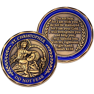 Saint Christopher, Do Not Fear, Protection Catholic Challenge Coin. Do not be Afraid, Do Not Be Dismayed for I am Your God, I Will Strengthen You & Help You. Antique Gold-Color Plated Travel Coin