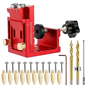 Newruiheng Pocket Hole Jig Tool Kit for Carpentry, Pocket Hole Drill Guide Jig Set for 15° Angled Holes, Portable Wood Pocket Hole Screw Clamp System for Woodworking (Red)
