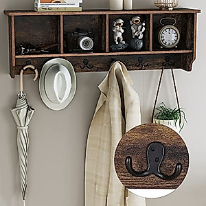 finetones Wall-Mounted Coat Rack with 6 Dual Hooks and 4 Storage Cubbies, Entryway Floating Hanging Shelf Cubby Coat Rack Organizer for Bathroom, Living Room, Kitchen, Rustic Brown
