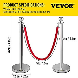 VEVOR 4PCS Stainless Steel Stanchion Posts Queue, Red Velvet Ropes Silver, 38In Rope Barriers Queue Line Crowd Control Barriers for Party Supplies