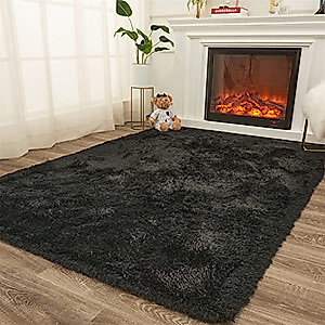 AMTOVO Shag Area Rugs for Bedroom, Black Fluffy Rug Plush Living Room Carpet 8 x 10 Feet, Indoor Modern Plush Area Rugs, Fuzzy Nursery Shaggy Rugs for Kids Room