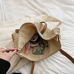 VODIU Women Straw Tote Woven Handbag Large Summer Beach Handmade Weaving Shoulder Bag Shopper Bohemia