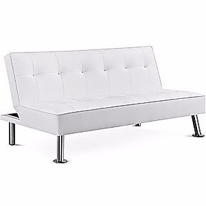 Topeakmart Convertible Sofa Bed Tufted Faux Leather Couch Bed with Chrome Metal Legs Adjustable Backrest Easily Converts to Recliner and Bed Comfortable Sofa for Living Room/Bed Room/Apartment,White