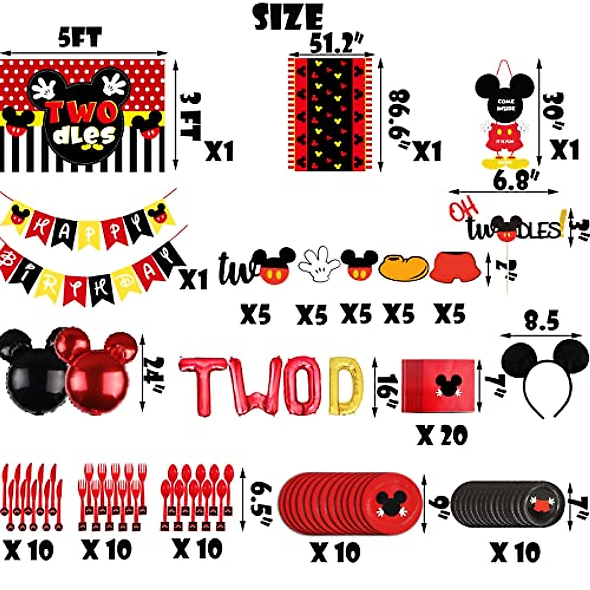 LetDec 214 PCS Mickey Twodles Birthday Party Decorations, Oh Twodles Balloons Arch Garland Kit, Mickey Two Backdrop, Mouse Themed TableCloth, Mickey Tableware for Boy 2nd Birtdhay Party Supplies