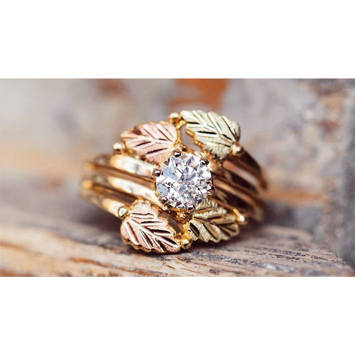Bypass Leaves Ring with CZ, 10k Yellow Gold, 12k Green and Rose Black Hills Gold Size 7.25