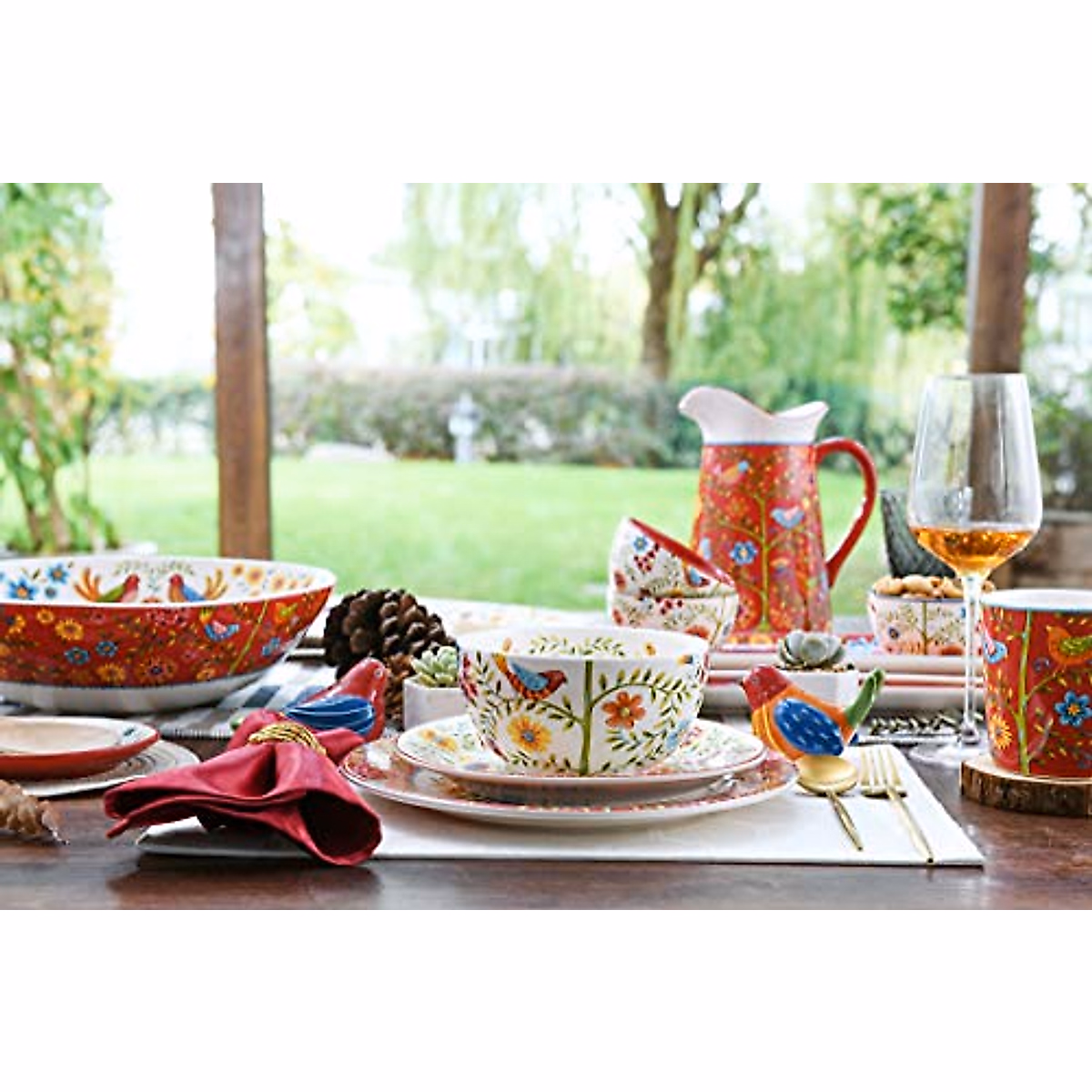 Bico Red Spring Bird Ceramic 14 inch Rectangular Serving Platter, Set of 2, for Serving Salad, Pasta, Cheese, Ham, Appetizer, Microwave & Dishwasher Safe