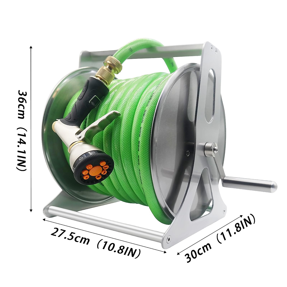 cestzwx Garden Hose Reel, 3/4 Inch x 82 ft + 6 ft Wall Mount Hose Reel, 9 Patterns Hose Nozzle, Heavy Duty Stainless Steel Hose Reel，for Garden Watering