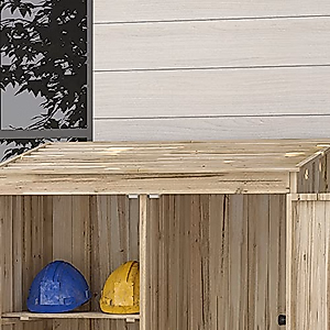 Outsunny Outdoor Storage Cabinet with 3 Shelves, Wooden Garden Shed with Magnetic Double Doors, Tall Vertical Tool Storage for Lawn Care Equipment, 47.25" x 22.5" x 72", Natural