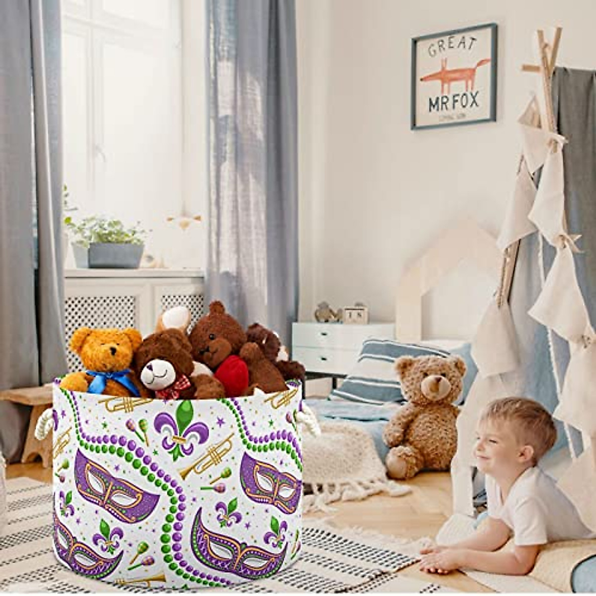 visesunny Green Mardi Gras Bead Purple Venetian Mask Music Instrument Laundry Baskets Fabric Storage Bin Storage Box Collapsible Storage Basket Toy Clothes Shelves Basket for Bathroom,Bedroom,Nursery,