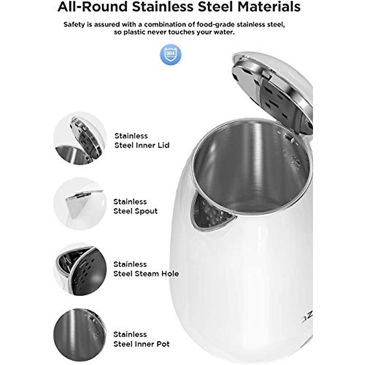 AZEUS Electric Kettle 1500W Cool Touch Tea Kettle Anti-scalding Design 1.8L Large Capacity Double Wall Kettle Cordless Water Boiler with Auto Shut-Off and Boil-Dry Protection, BPA-Free, White