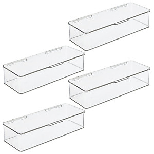 mDesign Plastic Playroom and Gaming Storage Organizer Box Containers with Hinged Lid for Shelves or Cubbies, Holds Small Toys, Building Blocks, Puzzles, Markers, Controllers, or Crayons, 4 Pack, Clear