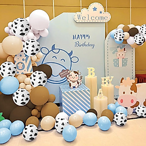 150 Pieces Cow Balloons Garland Arch Kit Cowgirl Cowboy Blue Balloons White Brown Cow Print Farm Animal Balloons for Baby Shower Farm Birthday Party Decorations
