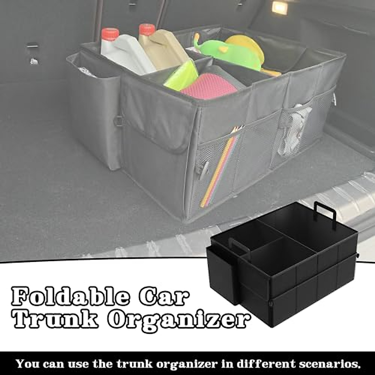 Car Trunk Organizer – Collapsible, Multi-Compartment for SUVs, Trucks & Cars for Groceries, Tools & Work Materials – Truck & Car Accessories for Women and Men (GRAY)