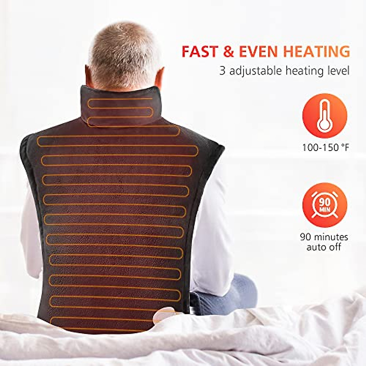 Heating Pad for Back Pain Relief,Heat Pads for Neck and Shoulders,Electric Back Heated Wrap,Large Heating Pad,Electric Heated Pads with Auto Shut Off,3 Temperature Levels,Black,Gifts for Mom, Dad