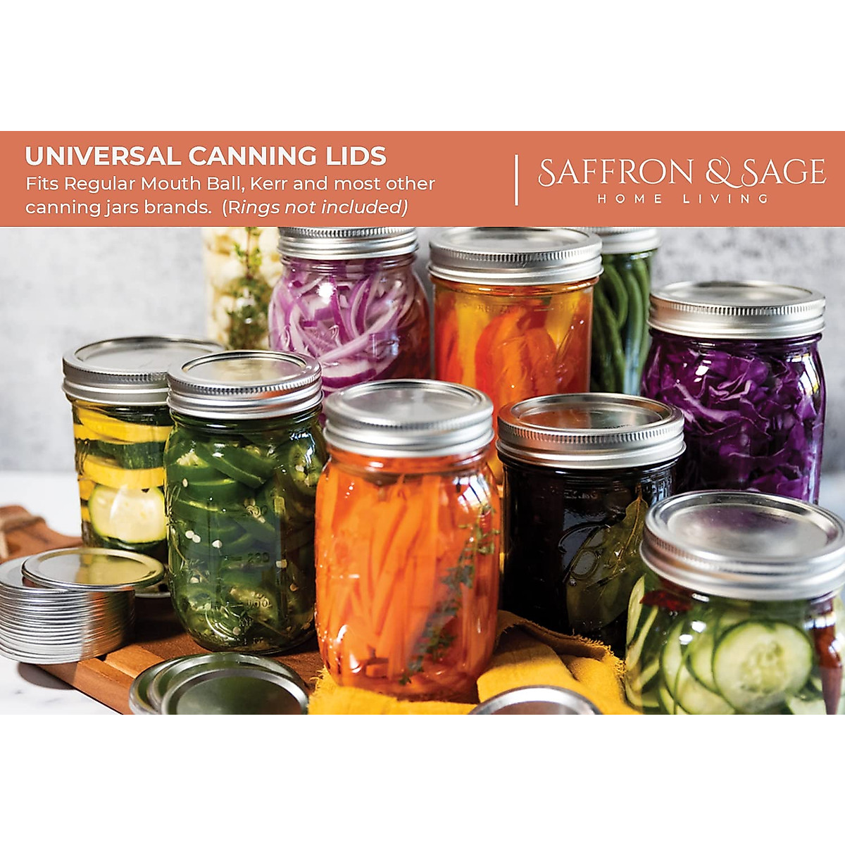 Saffron & Sage Canning Lids Regular Mouth - 120 Count Quality Universal Lids for Ball, Kerr Mason Jars - Good Sealing Performance for a Tight Seal, Food Grade, Rust Proof, and Thick to Prevent Warping