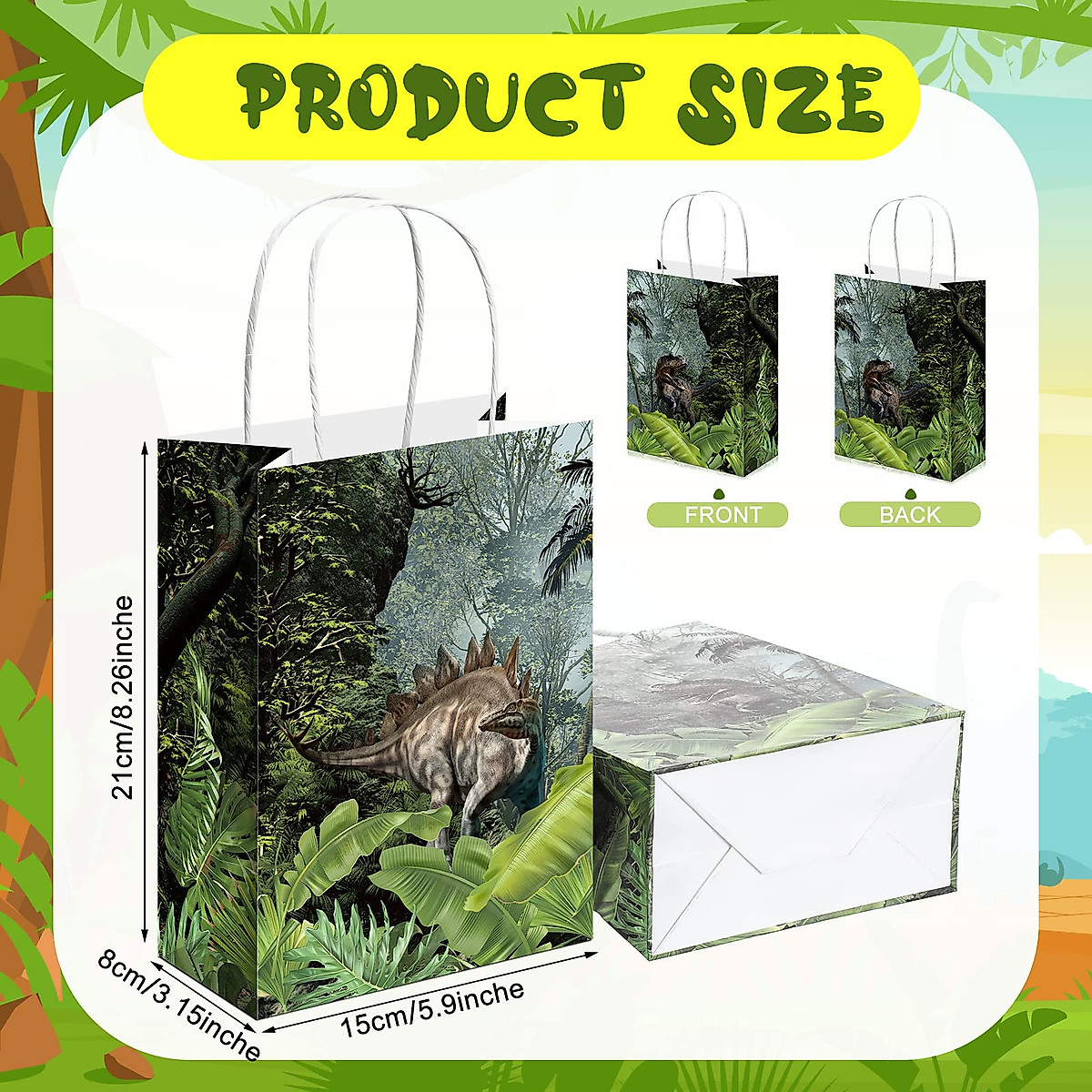 Sinmoe 24 Pcs Dinosaur Theme Party Favor Bags with Handles Dinosaur Goodie Paper Gift Bags Dino Candy Treat Bags Baby Shower Birthday Wildlife Forest Party Decorations Supplies, 2 Designs