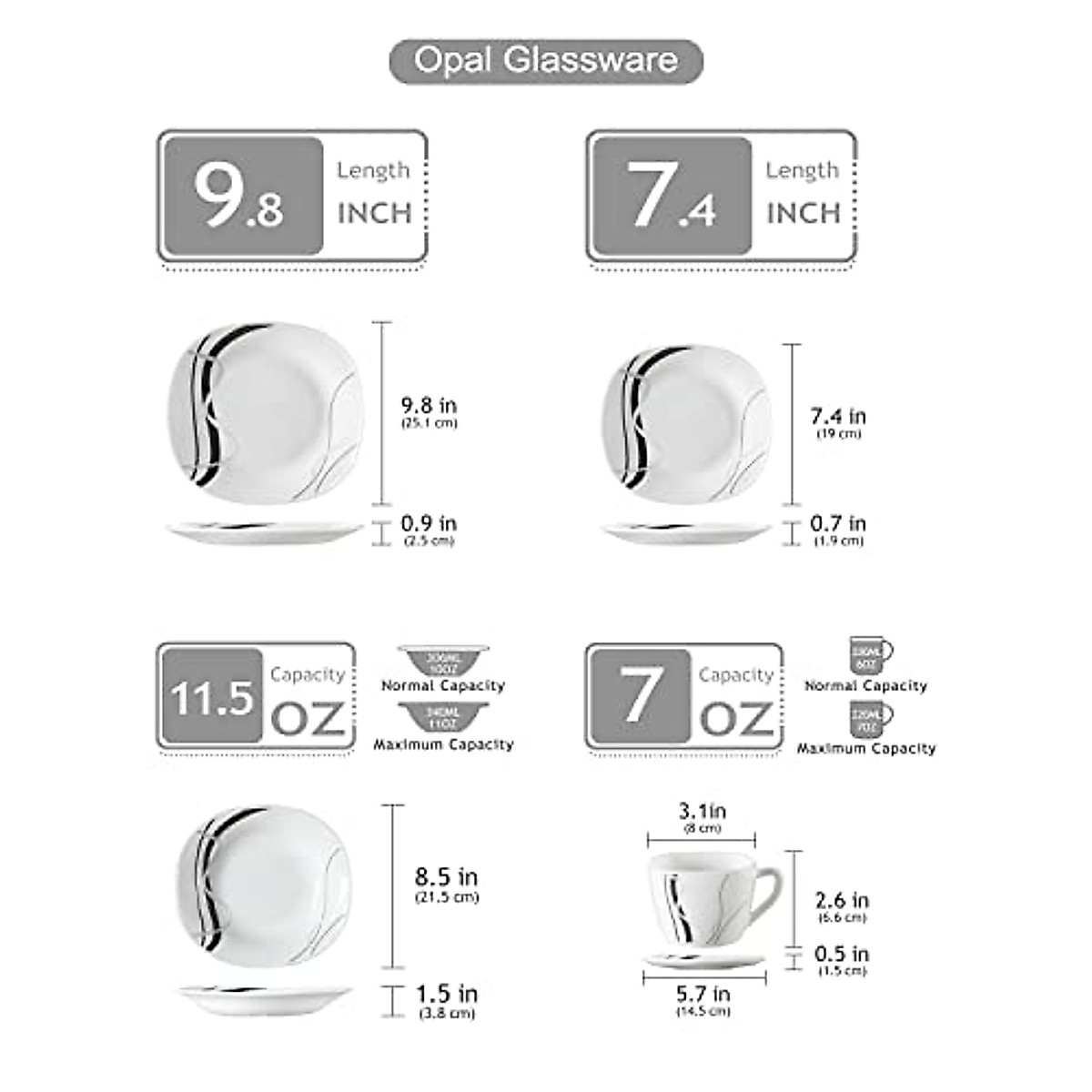 VEWEET Fionaglas 30-Piece Dinnerware Set Ivory White Opal Glassware, Break Resistant Dinner Sets with Dessert Plates/Soup Plates/Dinner Plates/Cups/Saucers Service for 6