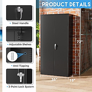 Greenvelly Metal Storage Cabinet, 72” Black Locking Storage Cabinets for Home Office Steel Filing Cabinet with Doors and Adjustable Shelves, Lockable Metal Tool Storage Cabinet for Garage, Business