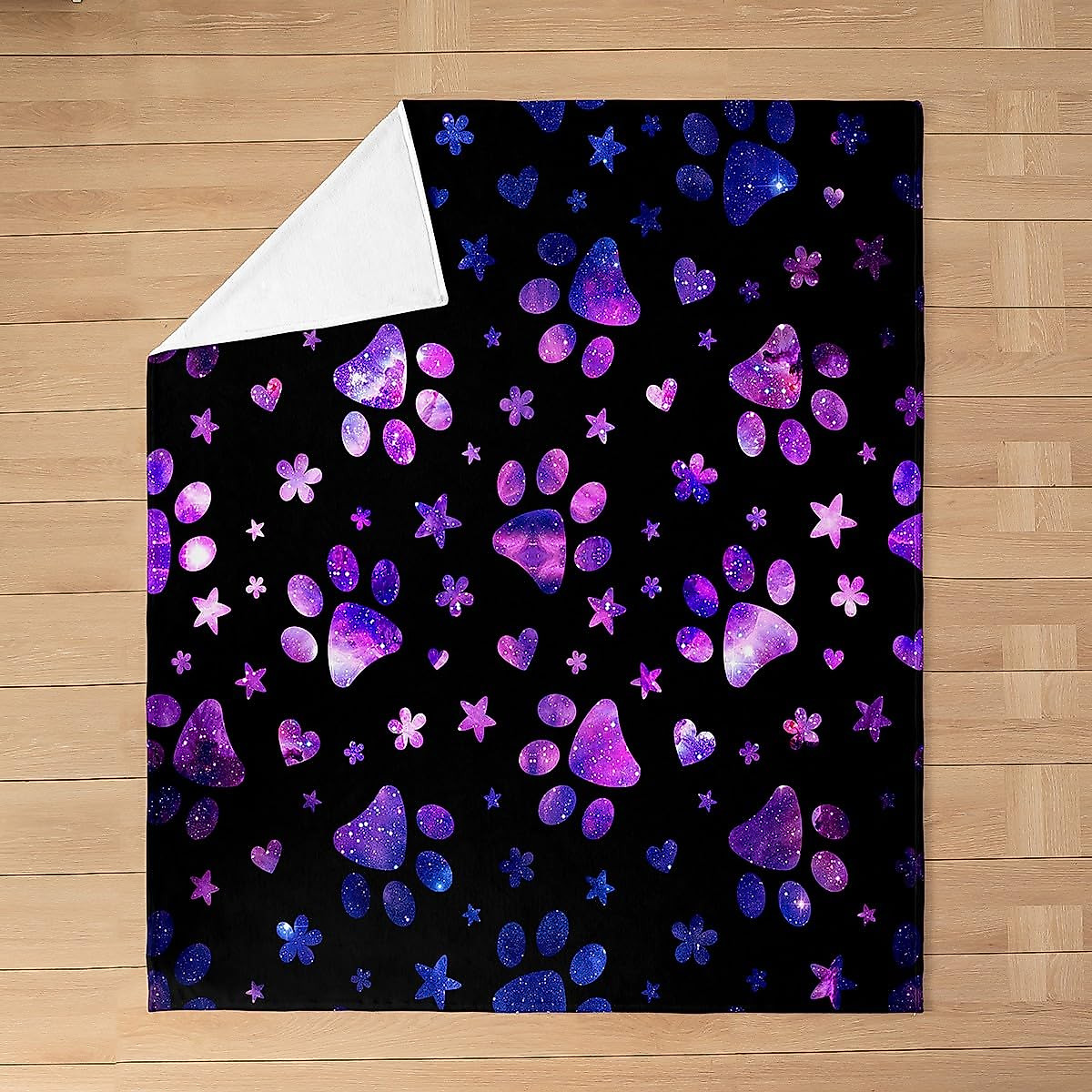 Feelyou Dog Paw Print Flannel Fleece Throw Blanket for Bed Sofa Couch Kids Queen 90"x90" Purple Galaxy All Season Bed Blanket Room Decorative Puppy Pets Animal Themed Fuzzy Blanket Cute Cartoon