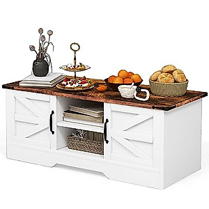 oneinmil Coffee Table with Barn Doors, Farmhouse Center Table with Storage, Modern Rustic Style Wooden Living Room Table, White