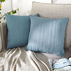 Booque Valley Pack of 2 Decorative Throw Pillow Covers, Ultra Soft Modern Braid Patterned Square Blue Cushion Covers Stretchy Pillow Cases for Sofa Couch Bedroom(18 x 18 inch, Grey Blue)