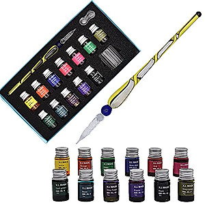 SIPLIV Glass Dip Pen Ink Set Crystal Spiral Pattern Dip Pen Ink Set with 12 Colorful Inks, Calligraphy Pens Kits for Art, Writing, Signatures, Desktop Decoration - Yellow