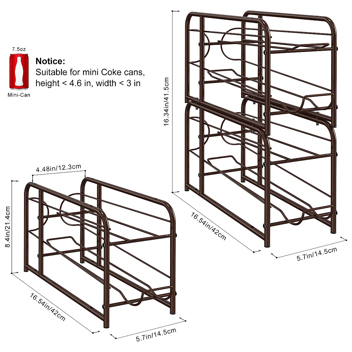 Fogein Mini Soda Can Organizer for Pantry/Refrigerator Pack of 4 Stackable, Soda Can Rack Beverage Dispenser for 221ml/7.5oz Soda Cans(Brown)